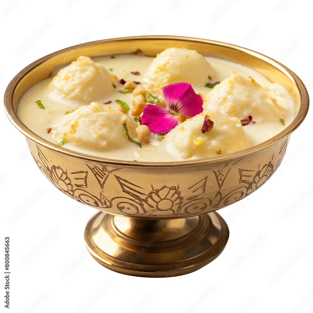 Rasmalai in a golden dessert bowl isolated on transparent background ...
