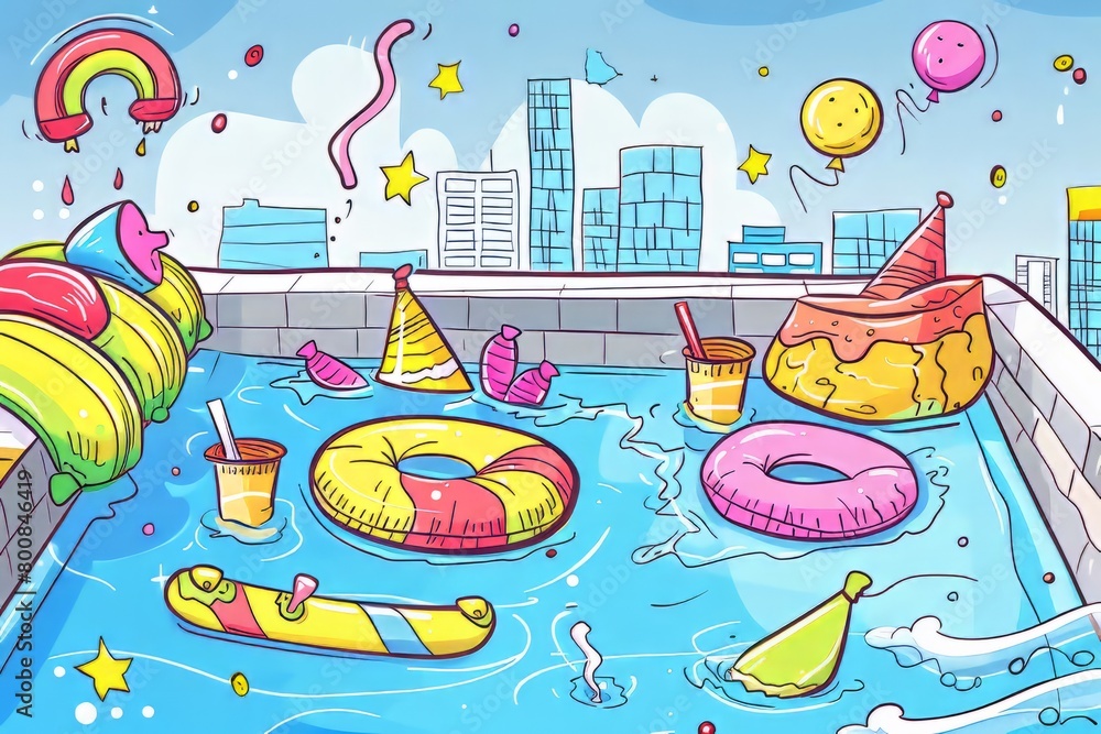 Cartoon cute doodles of a rooftop pool party, with inflatable toys ...