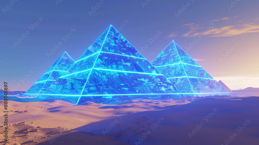 Neon blue pyramids rise from a desert of warm sand, ancient structures ...
