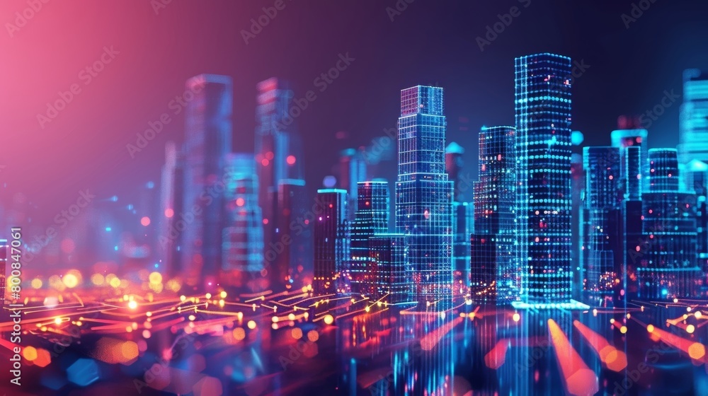 A digital landscape with towering buildings made of nodes and a vibrant ...