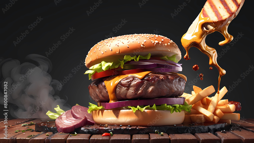 Grill burger, realistic 3d burgers falling in the air, grilled meat ...