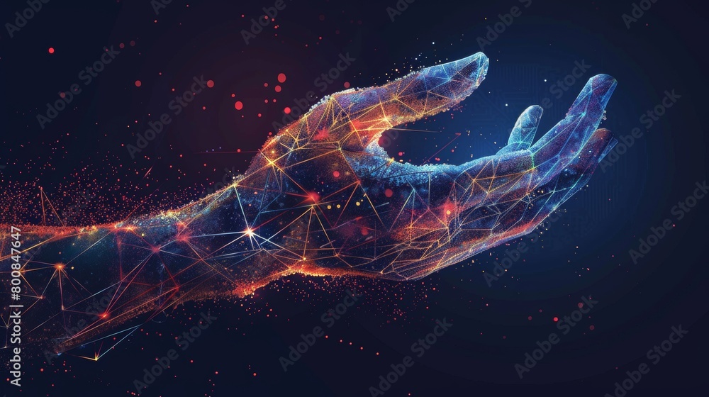 Hands joined together to form lines, triangles, and particles in a ...