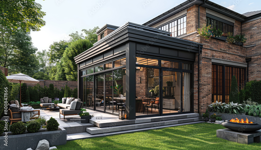 A modern black steel and glass sunroom with floor-to-ceiling windows ...
