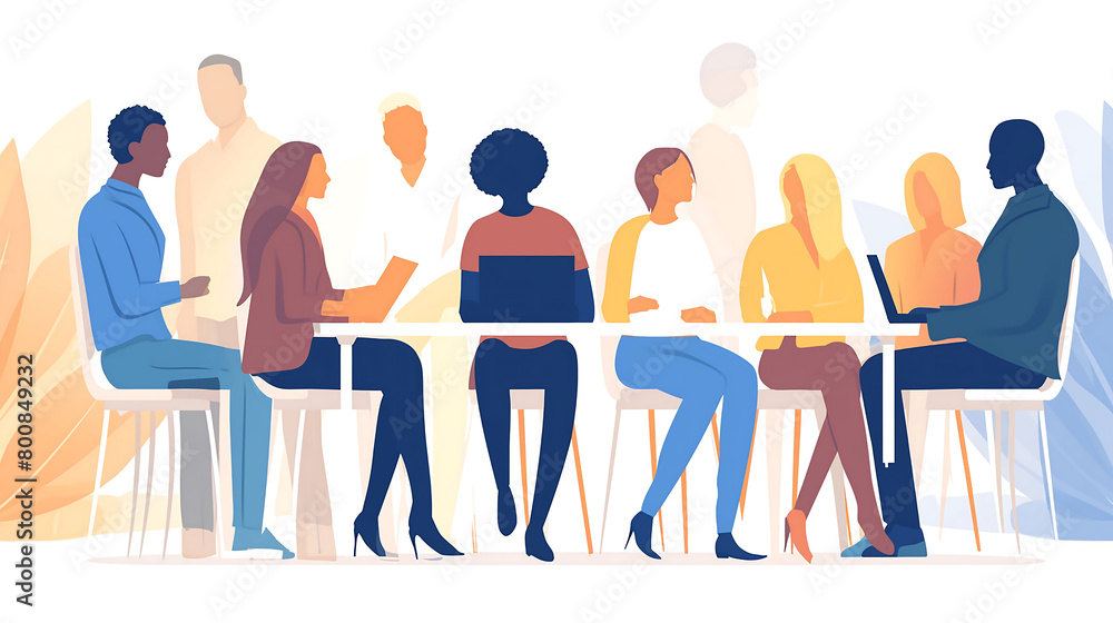 A diverse group of people sit around a table, talking to each other ...