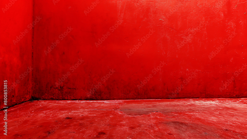 Intense red painted corner of a room with textured walls and floor ...
