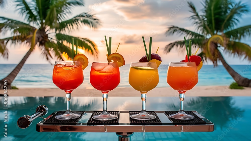 Four colorful tasty alcoholic cocktails in a row at the bar stand ...