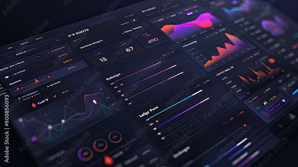 The image is a dark-themed dashboard with various graphs, charts, and ...