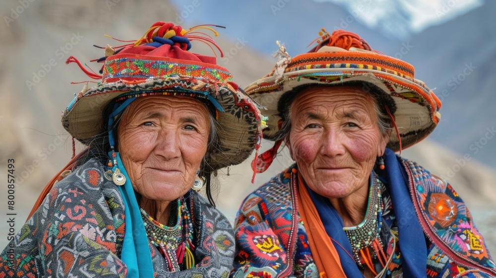 Elderly women of the Ladakhi tribe wear traditional clothes. Stock ...