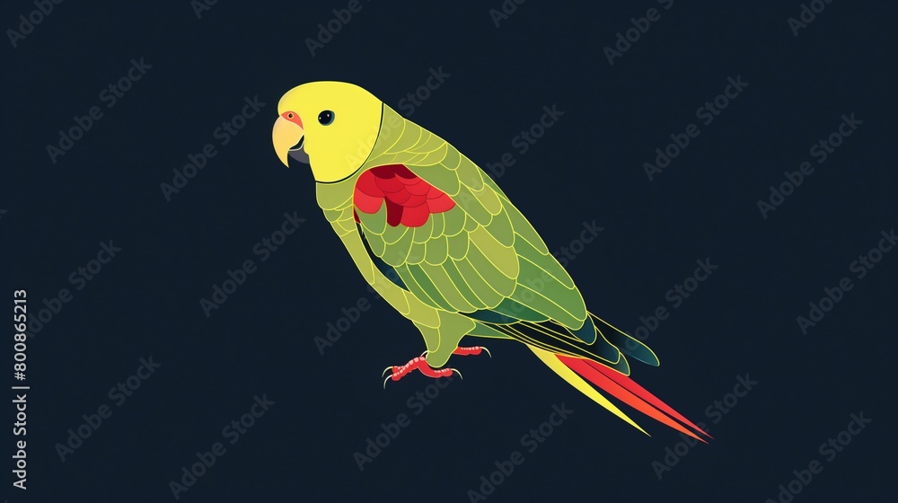 Flat solid color illustration of a lime green parrot with red and ...