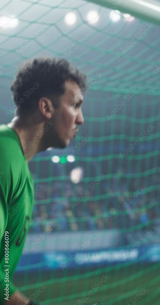 Vertical Screen: Soccer Goalkeeper Making a Key Save, Denying Opponent ...