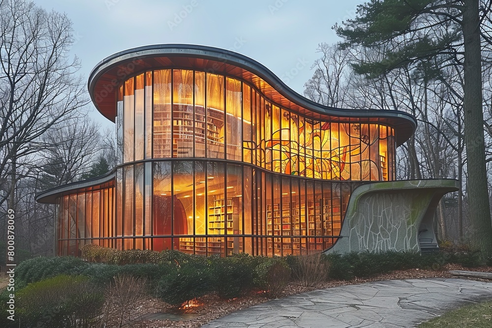 Curved Glass Facade: Art Nouveau Library with Flowing Stained Glass ...