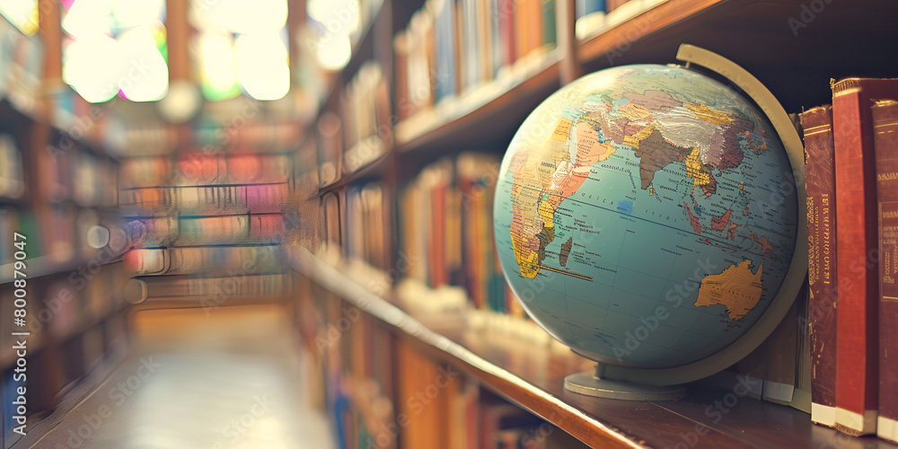 globe in a library with a map Old geographical globe and old book in ...