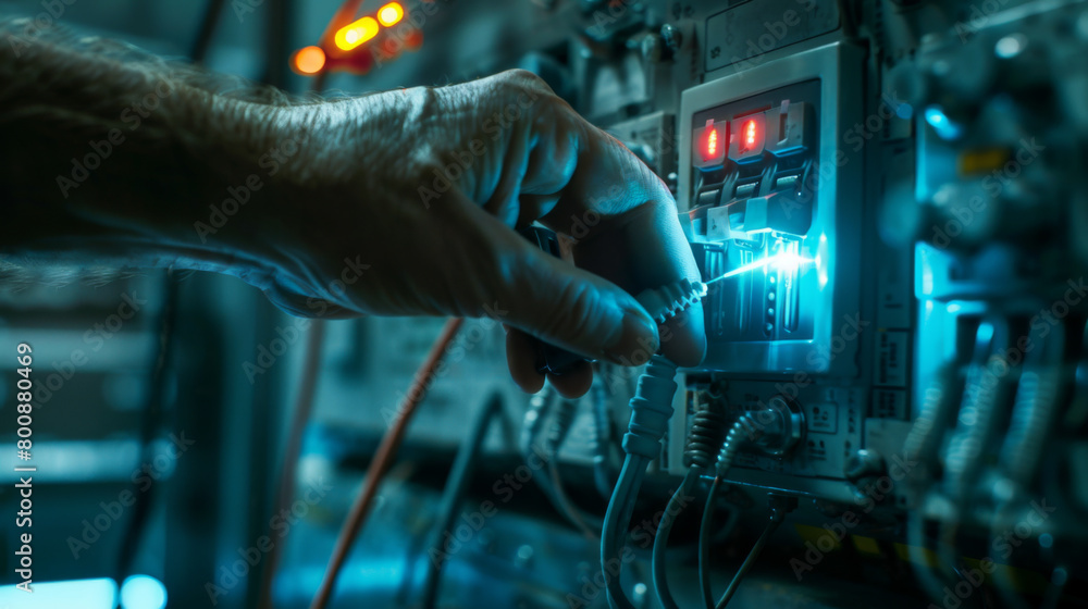 An electrician's hand is adjusting switches on an electrical circuit ...