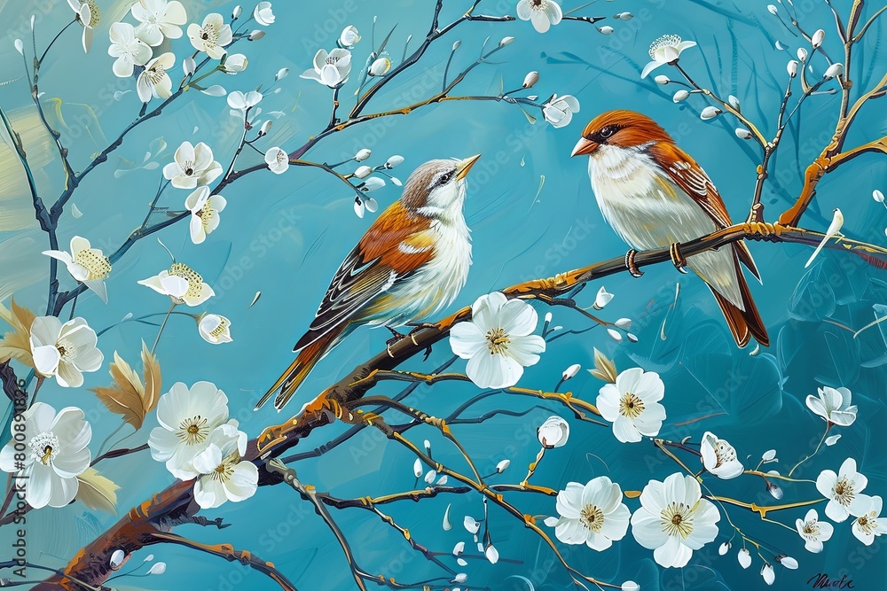 Printable Vertical Oil Painting of Two Birds on Tree with White Flowers ...