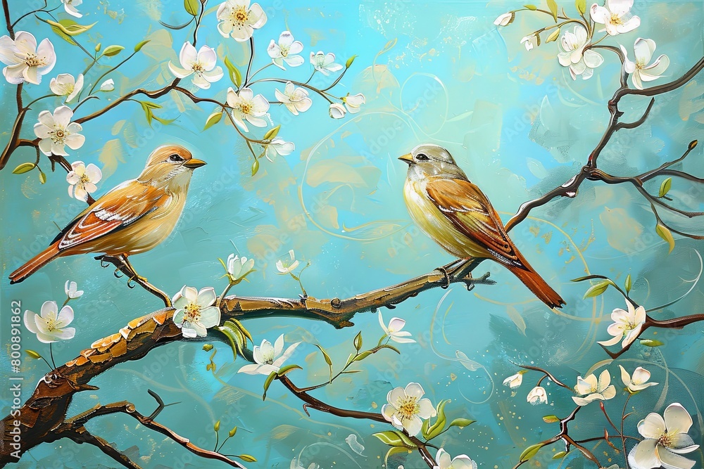 Printable Vertical Oil Painting of Two Birds on a Tree with White ...