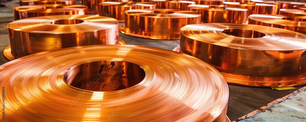 copper wire coils showcase industrial manufacturing with a metallic ...