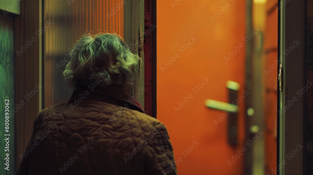 Staring at the locked door, the woman hesitates to confront the ...