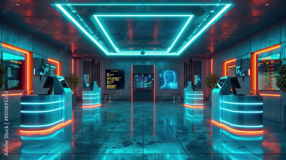 A high-tech security checkpoint outfitted with neon lights and advanced ...