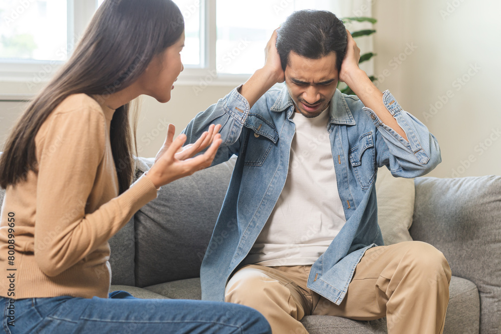 Breakup and depressed, asian young quarrel couple love fight ...
