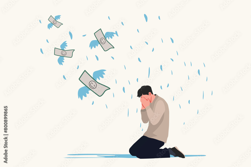 a man cover his face with hand, crying on the floor, money flying away ...