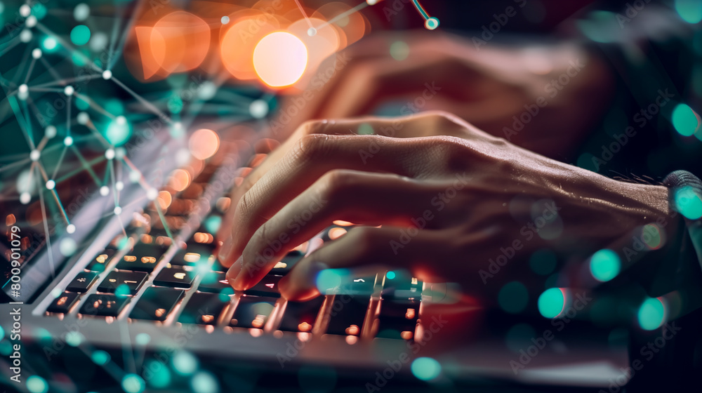 pair of hands typing on a laptop keyboard. There are graphical elements overlaid on the picture ...