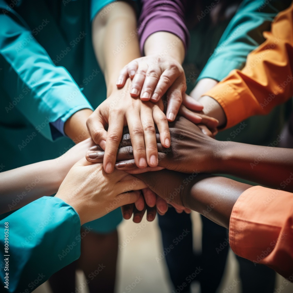 Poster Multiracial group of doctors joining hands together in unity and ...