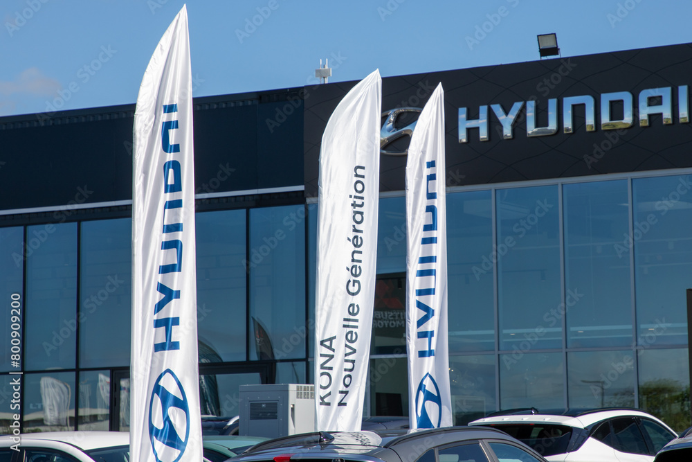 Hyundai sign logo on facade car dealer building store South Korea ...