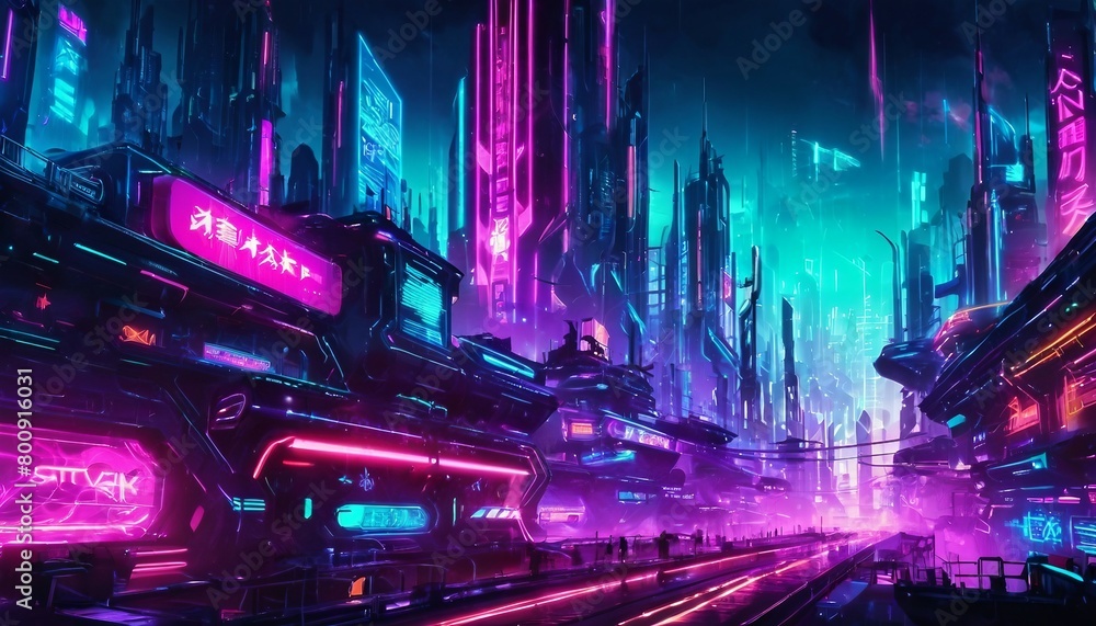 Cyberpunk-inspired background with futuristic cityscapes and neon ...