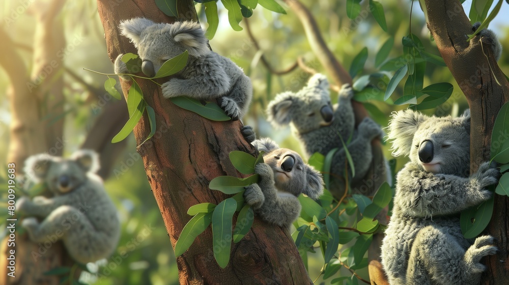 A group of koalas playing a matching game on a eucalyptus tree, using ...