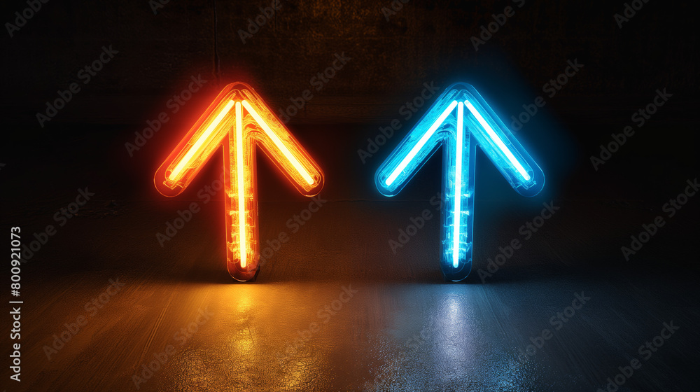 Two vibrant neon arrows pointing up against a dark background ...
