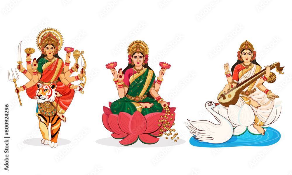 Illustration of Hindu Goddesses Saraswati, Durga, and Lakshmi for ...