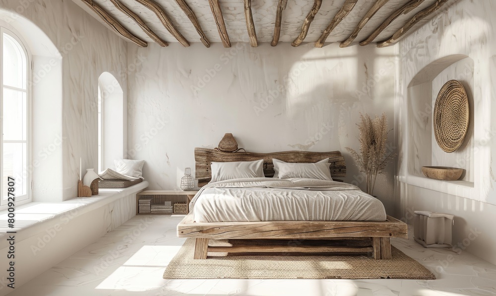 Greek island architecture style bedroom interior design with rustic ...
