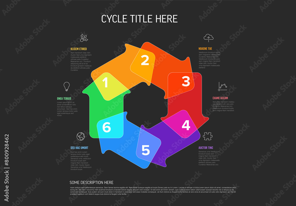 Six overlay arrows elements infographic cycle with icons and numbers on ...