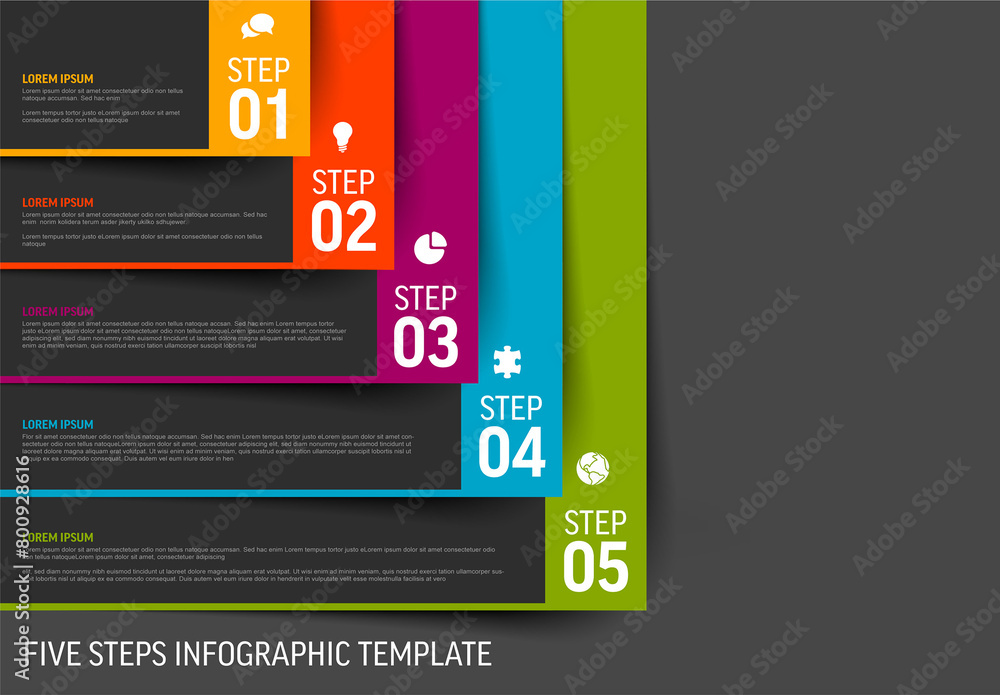 Five steps infographic template on dark gray paper sheets with rainbow ...