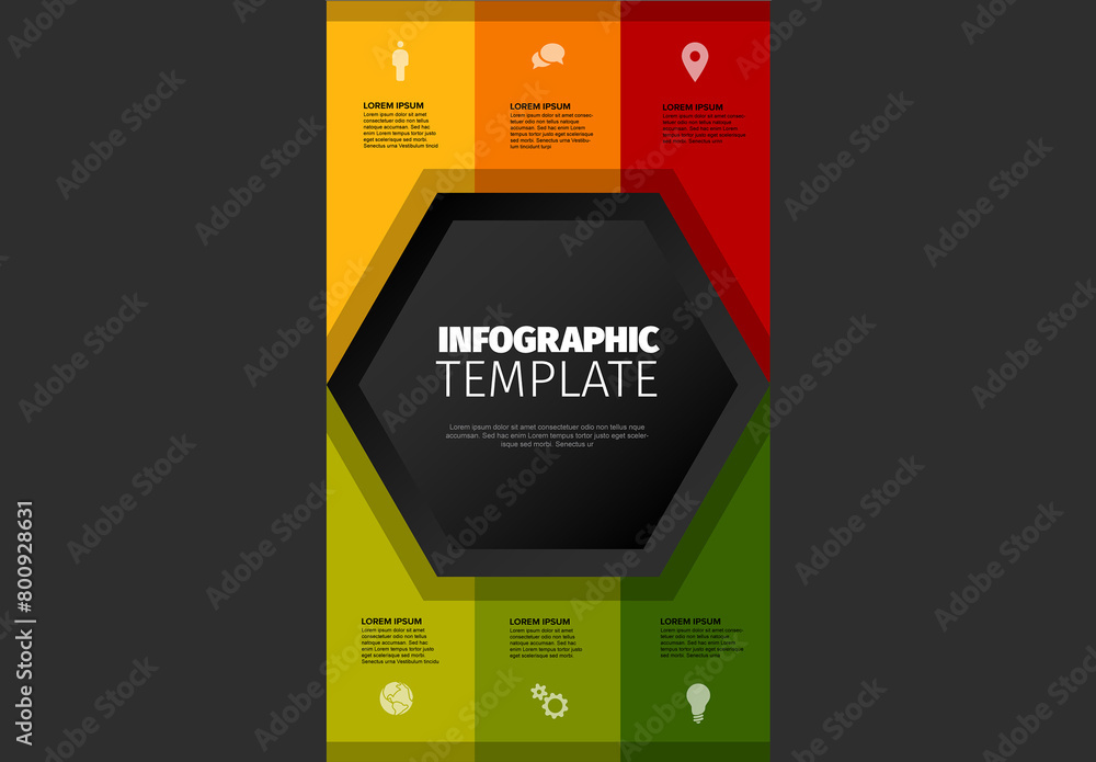 Multipurpose dark template with six vertical stripes and big hexagon in ...