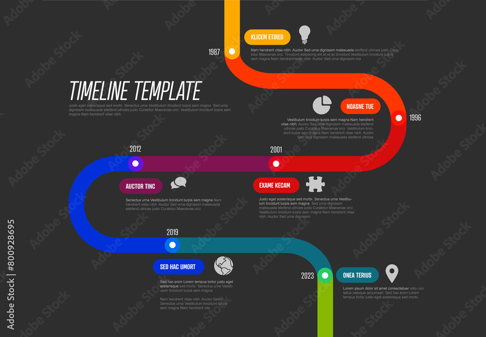 Thick line rainbow Infogrpahic timeline template with icons on black ...