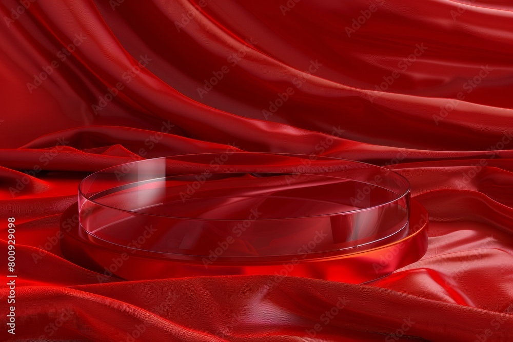 Round transparent glass platform Podium background 3D on red wave silk ...
