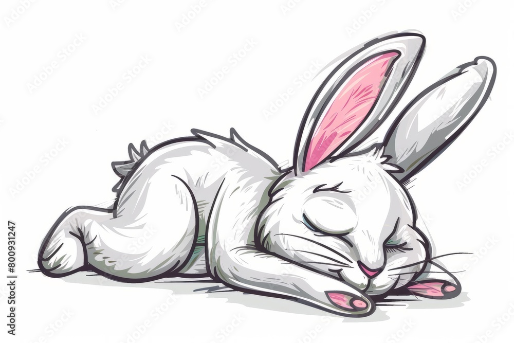 Cartoon cute doodles of a dozing bunny flopped over on its side, with ...
