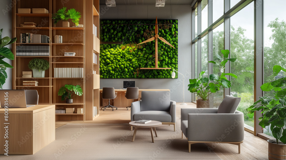 Sustainable office, green interior for working, coworking place ...