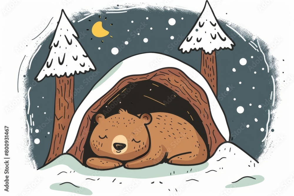 Cartoon cute doodles of a sleeping bear hibernating in its cozy cave ...