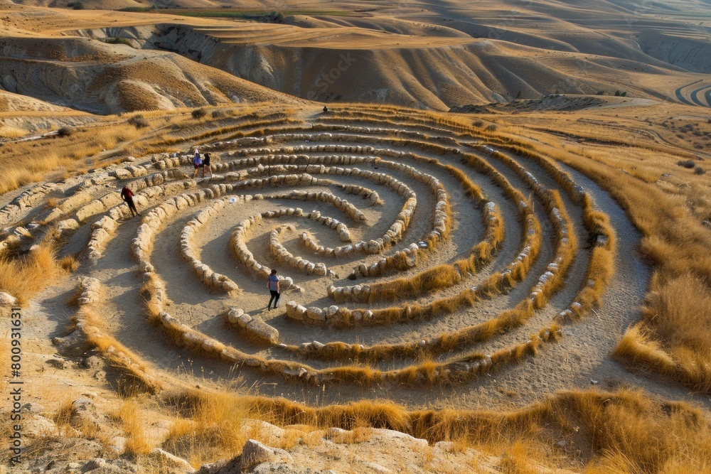 Above, the terrain morphs into a geometric labyrinth, its sandy paths ...