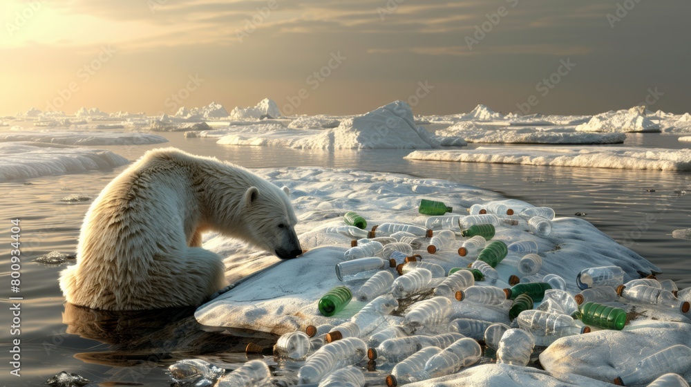 polar bear on ice There is plastic trash around. Concepts of global ...