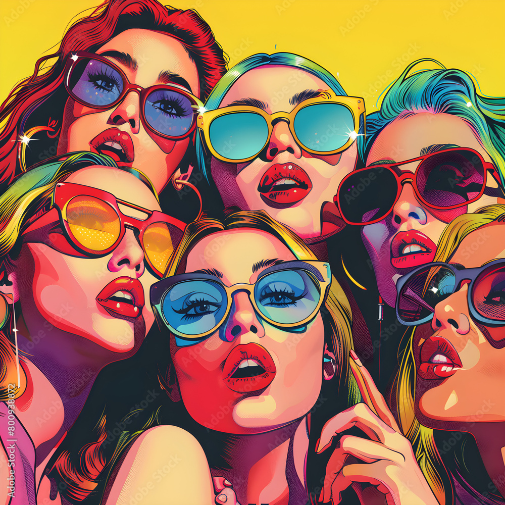 Pop art style influencer taking a group selfie at a party with bright ...