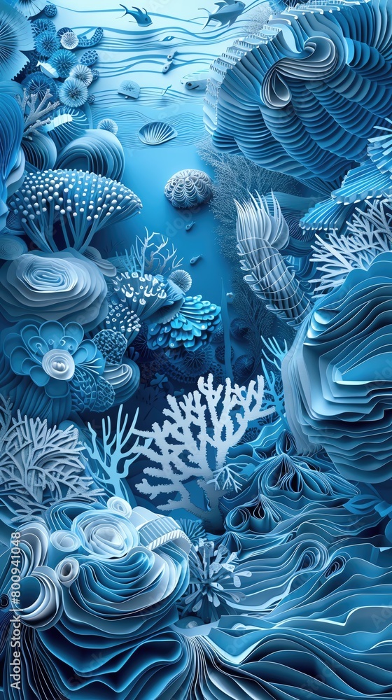 Paper cut art of a deep sea scene, featuring intricate coral reefs and ...