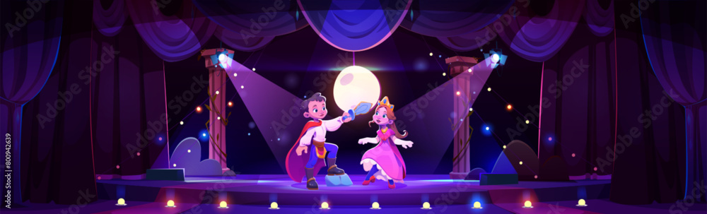 Children play on school theater stage with curtain. Princess kid on ...