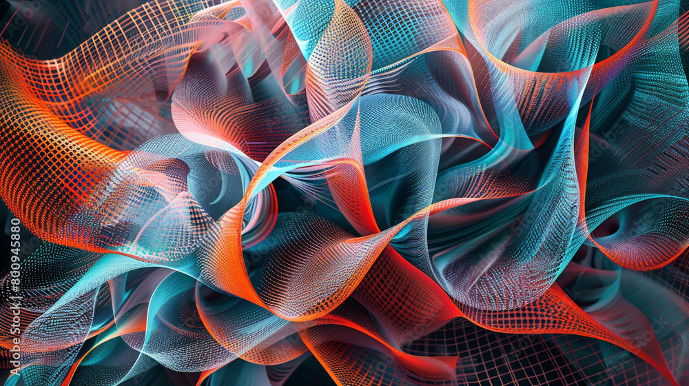 Interlocking layers of translucent digital patterns creating a ...