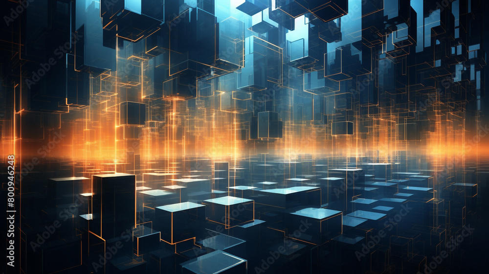 Interlocking layers of luminous shapes and lines, creating an illusion ...