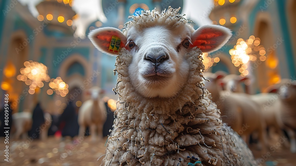 A joyful sheep, smiling at the camera, with a modern Saudi mosque and ...