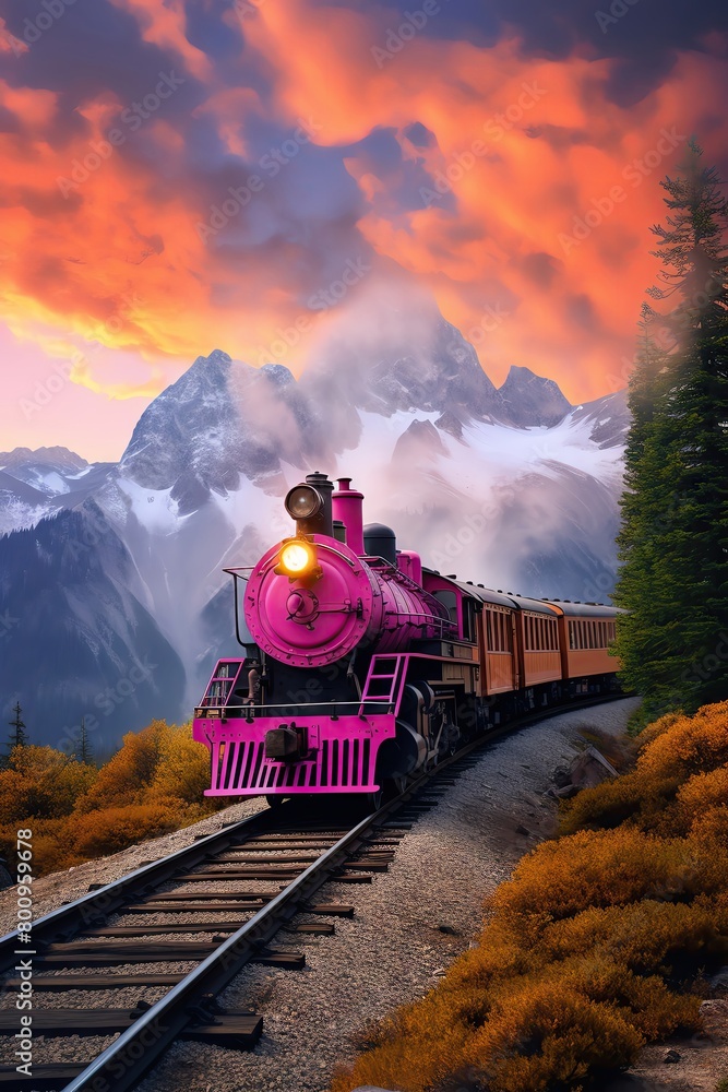 Colorful pink steam locomotive set against a scenic mountain backdrop ...