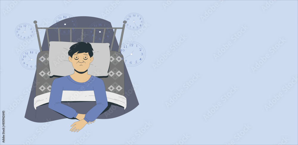 Insomnia man. Unhappy, sad, tired boy lying in bed, trying to fall ...